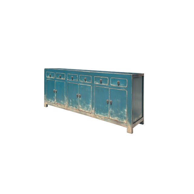 Chinese Distressed Teal Blue Sideboard Buffet Table Cabinet Credenza ...