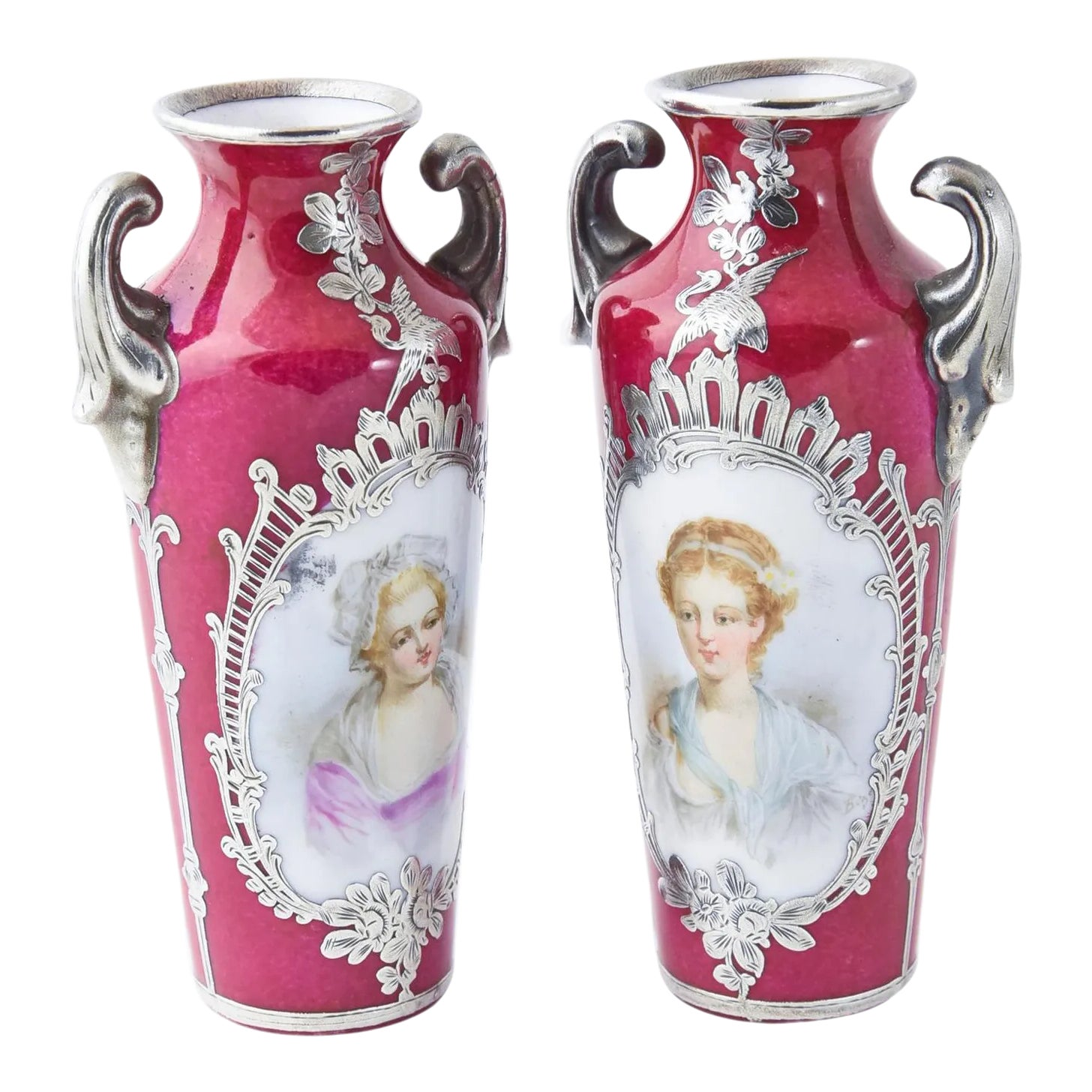 Pink Miniature Antique Portrait Vases with Silver Overlay Decoration ...