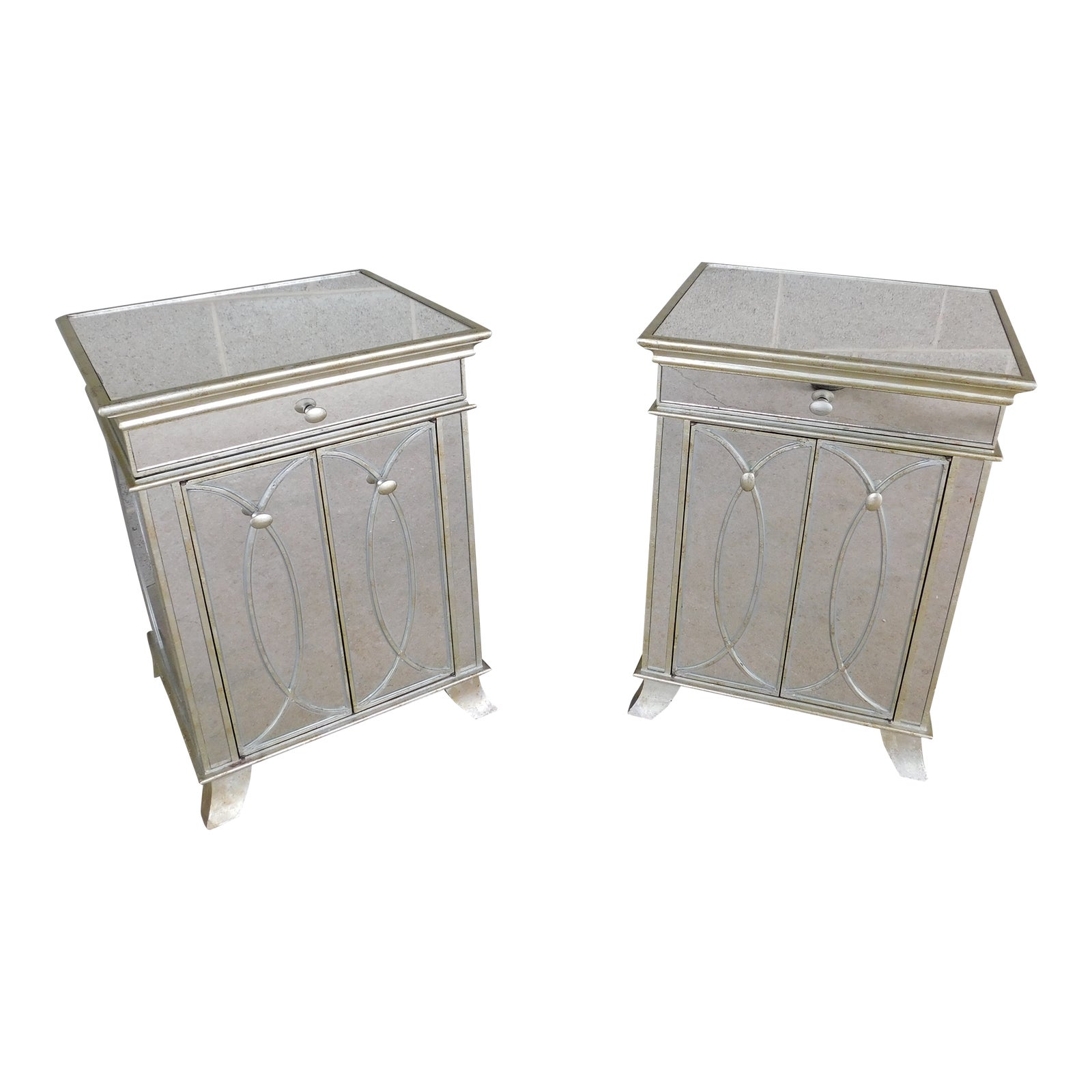 Hollywood Regency Silver With Mirrored Paneling Nightstands - A Pair ...