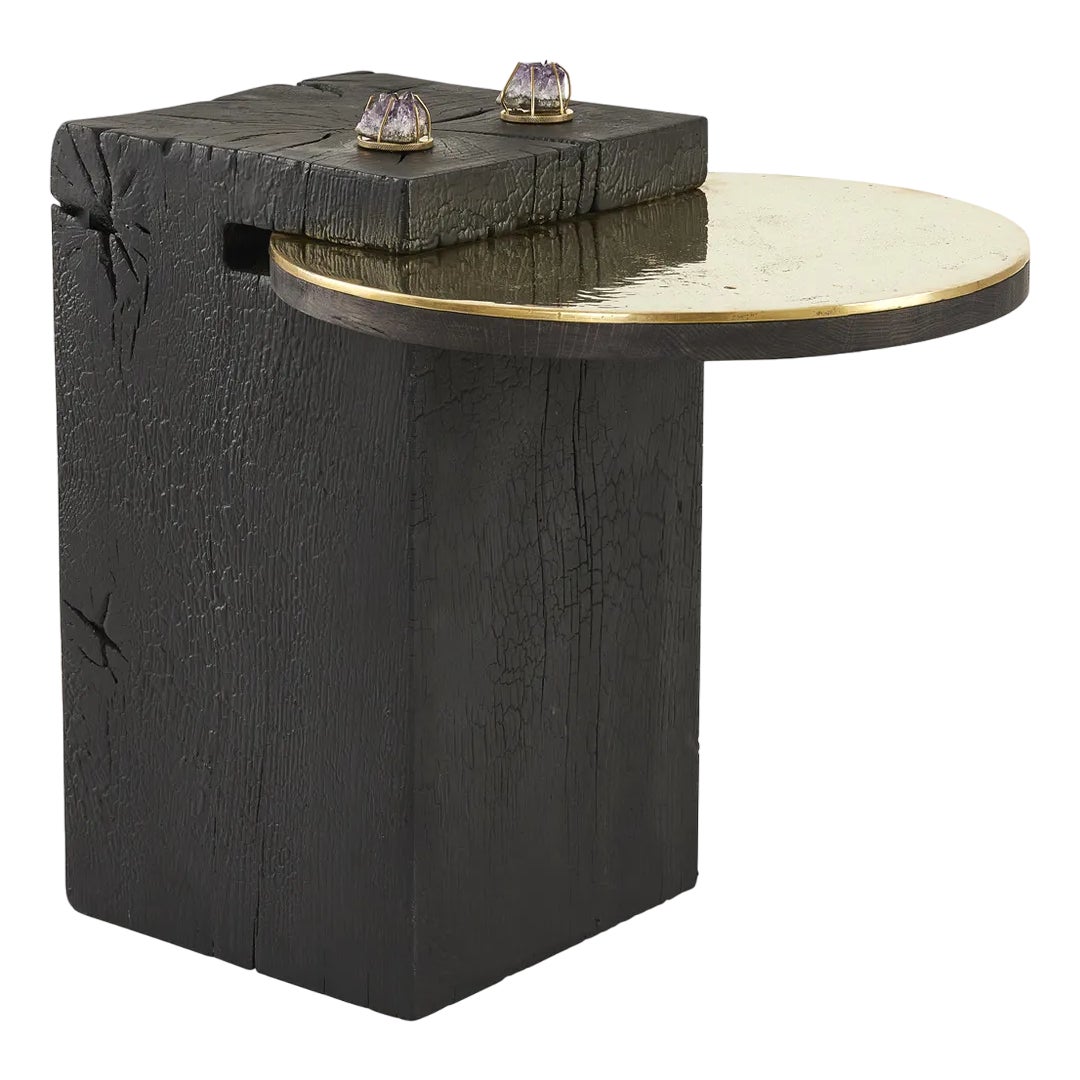 Shou Sugi Ban Oak Cant and Crystal Jeweled Sherpa Side Table | Chairish