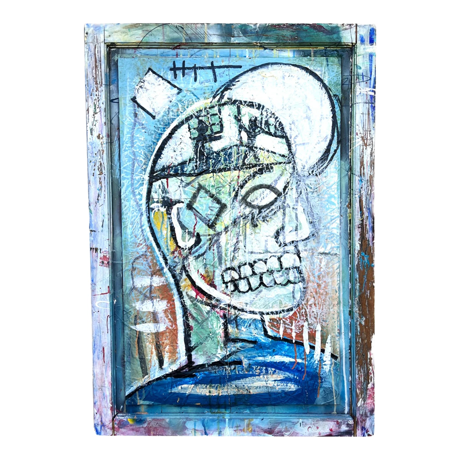 1990s Contemporary Outsider Tramp Art Portrait of a Man Skull in the ...