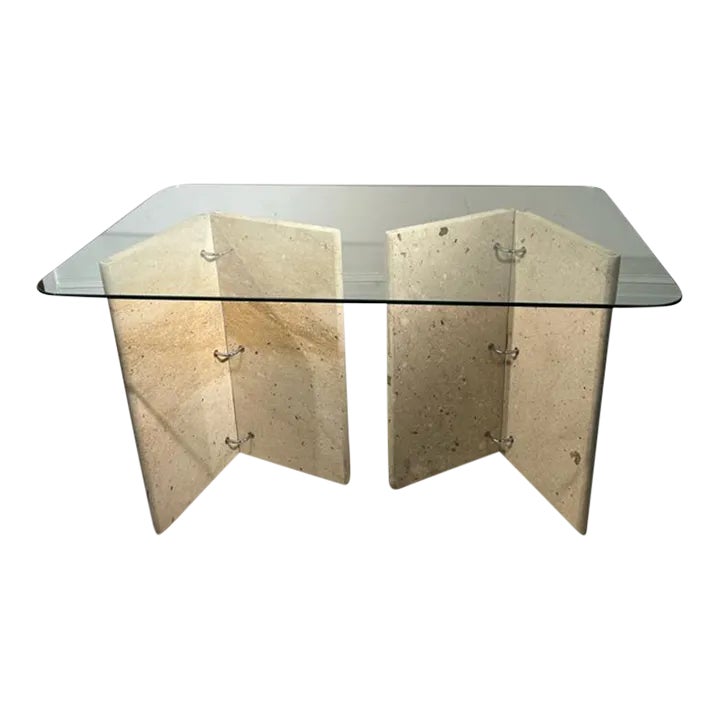 1970s Modernist Italian Travertine & Glass Console/Table | Chairish