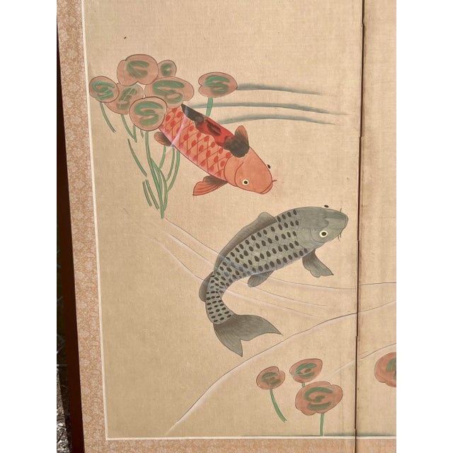 Chinese Koi Fish Painted Silk Folding Screen | Chairish