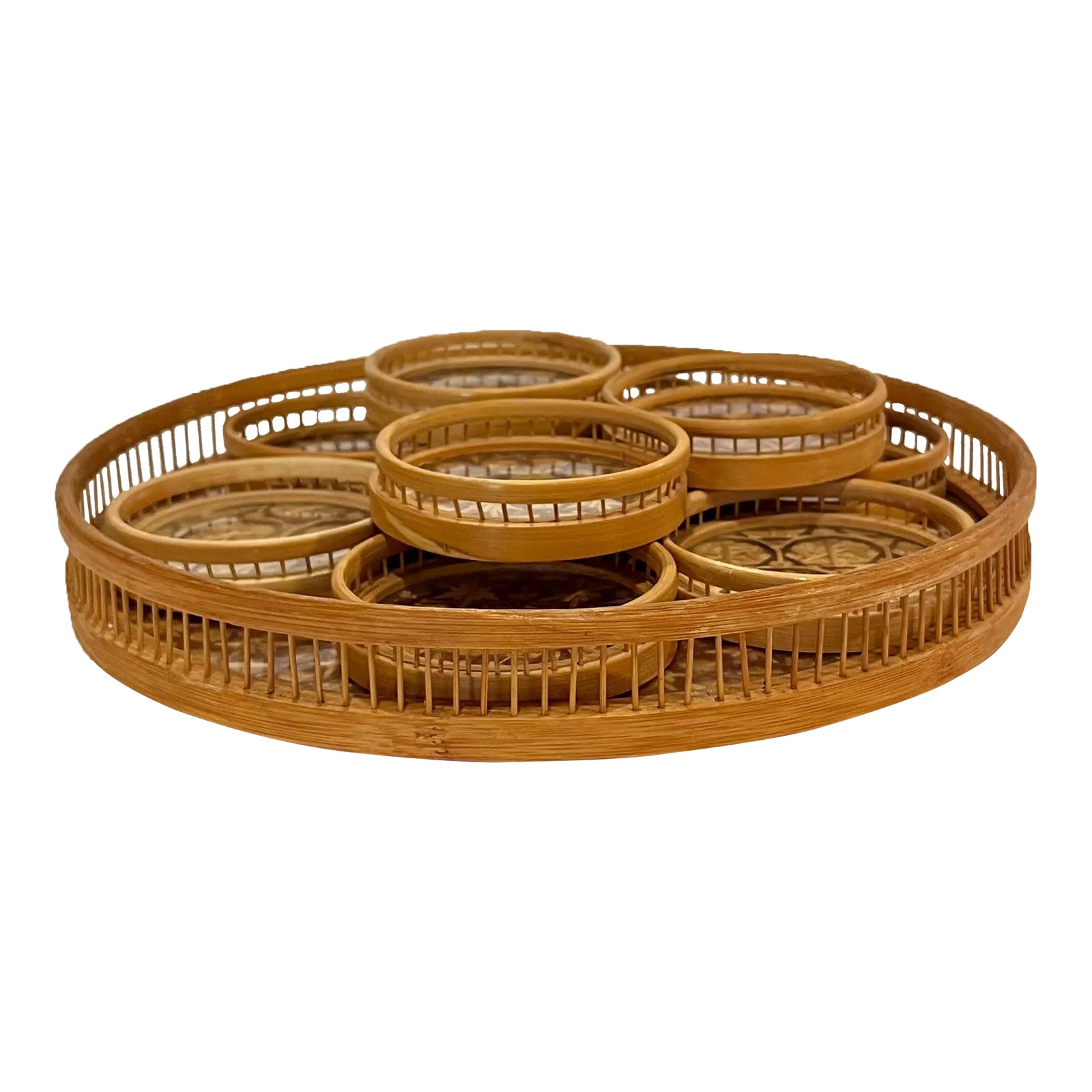 Vintage Boho Wicker and Glass Serving Tray and Coasters- Set of 11 ...