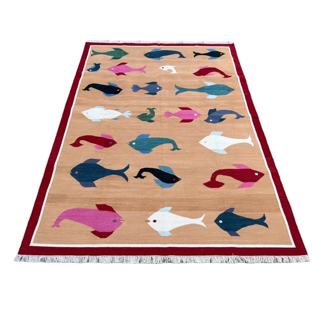 Handmade Cotton Natural Vegetable Dyed Rug Tan and Red Fish Pattern ...