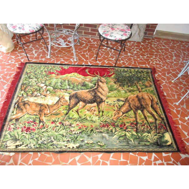 Vintage Velvet Tapestry Stag & Deer With Fawn Wall Hanging | Chairish