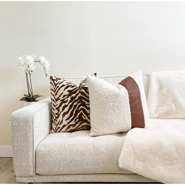 Off White Boucle & Brown Leather Throw Pillow With Feather Down Insert ...