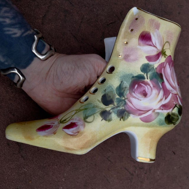Vintage Limoges Ceramic Victorian Boot With Roses & Gold Accents | Chairish