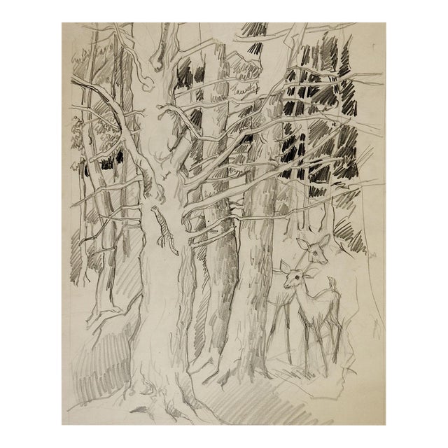 George Baer Pencil Study of Deer in Forest | Chairish