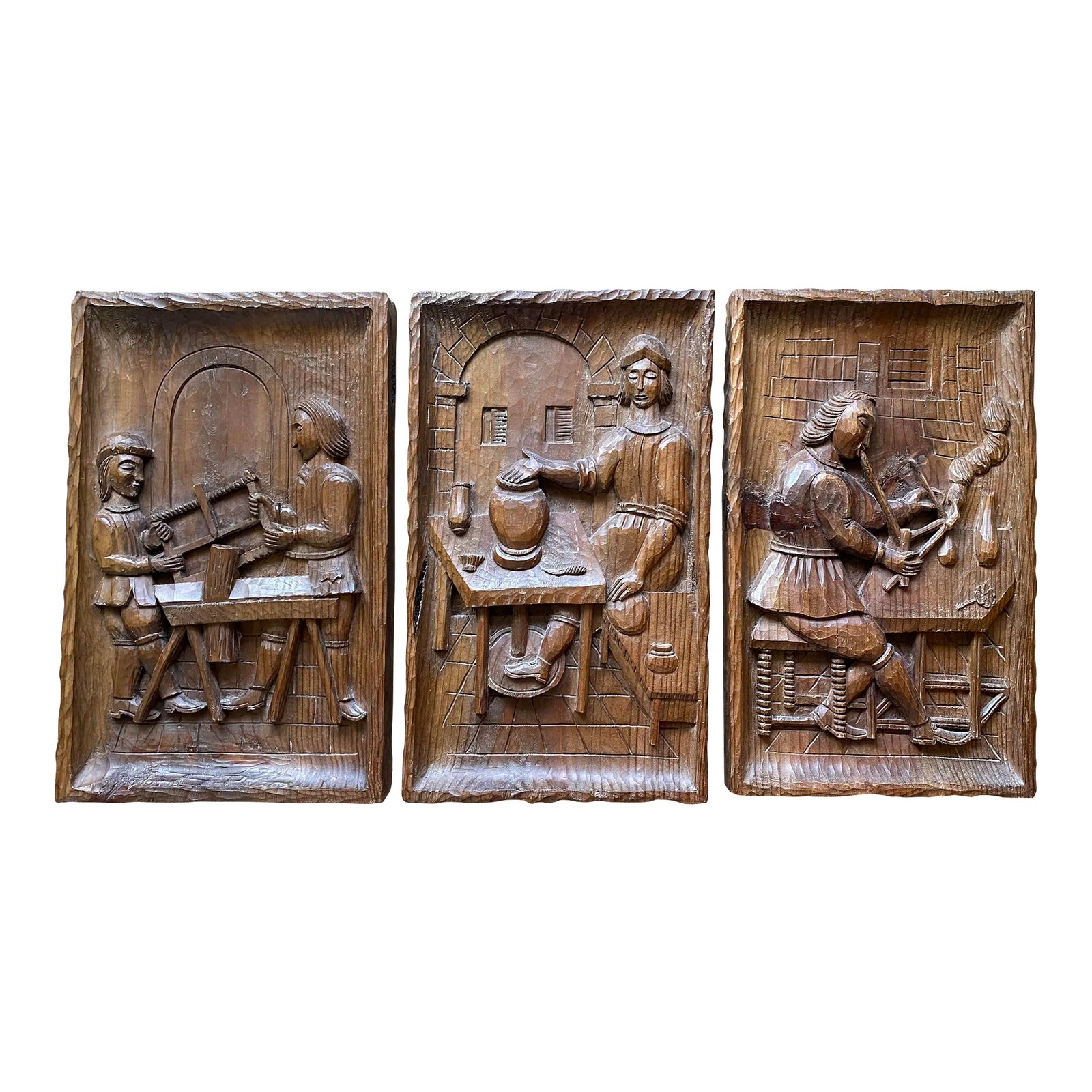 Set of 3 Vintage Hand Carved Bas Relief Panel Solid Wood Wall Plaques ...