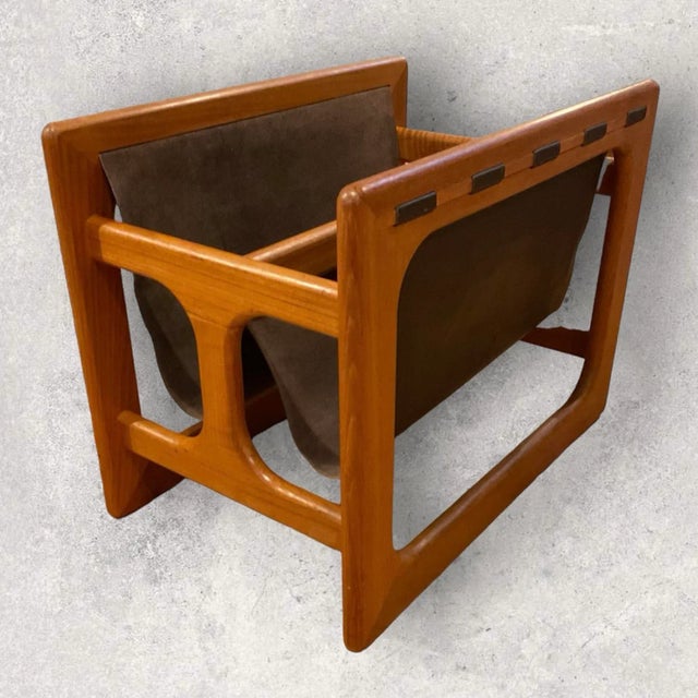 Mid Century Modern Teak Wood and Leather Danish Magazine Rack | Chairish