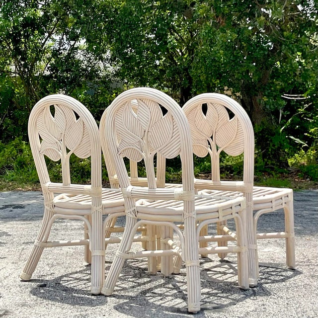 Vintage Coastal Washed Pencil Reed Leaf Dining Chairs - Set of 4 | Chairish