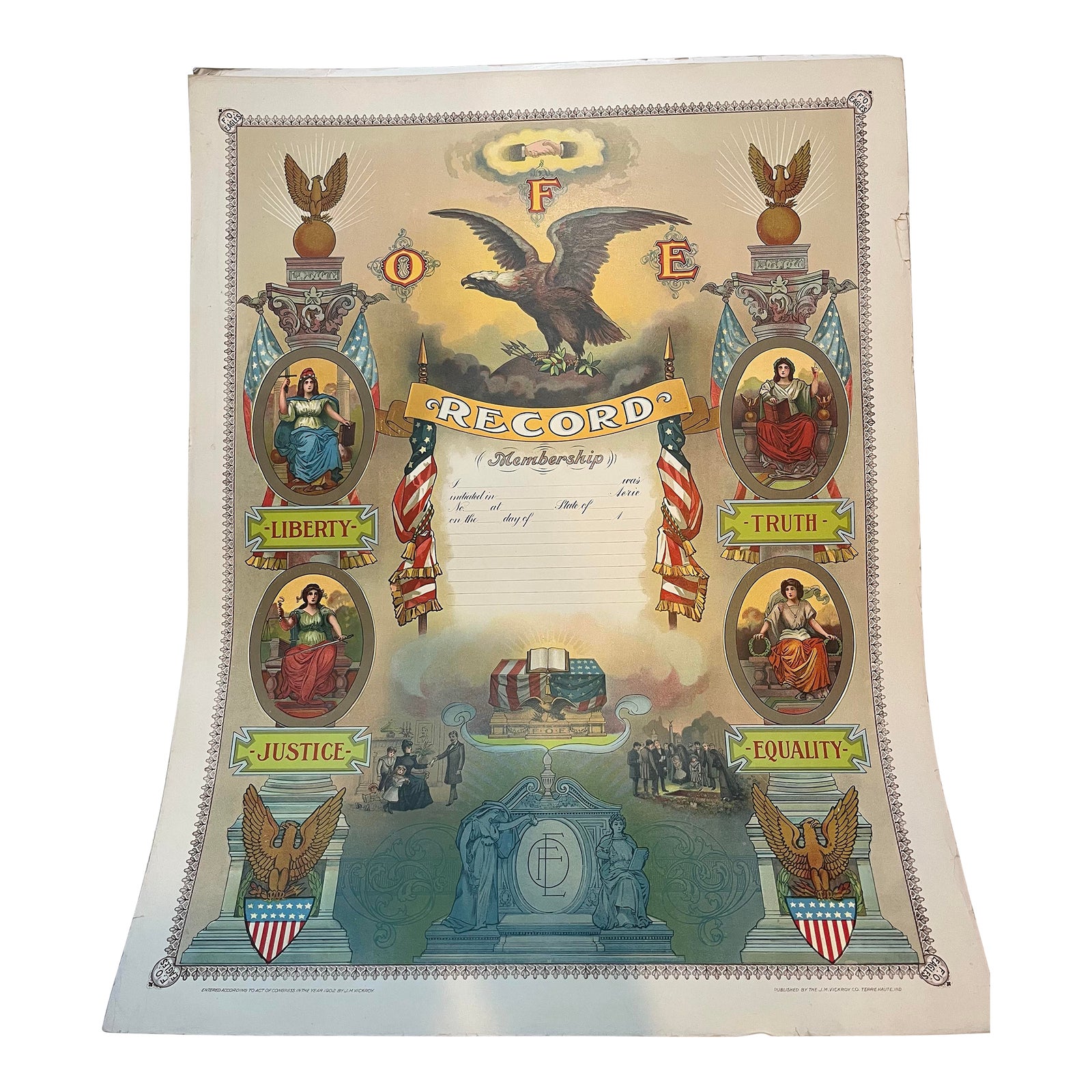1902 Fraternity of Eagles Certificate Lithograph | Chairish