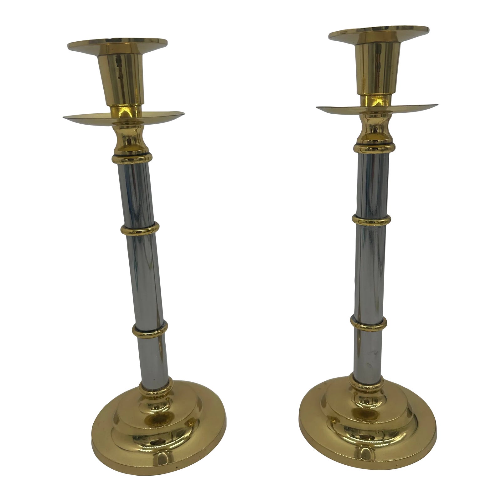 Modern Mixed Metal Chrome and Brass Candlesticks - A Pair | Chairish
