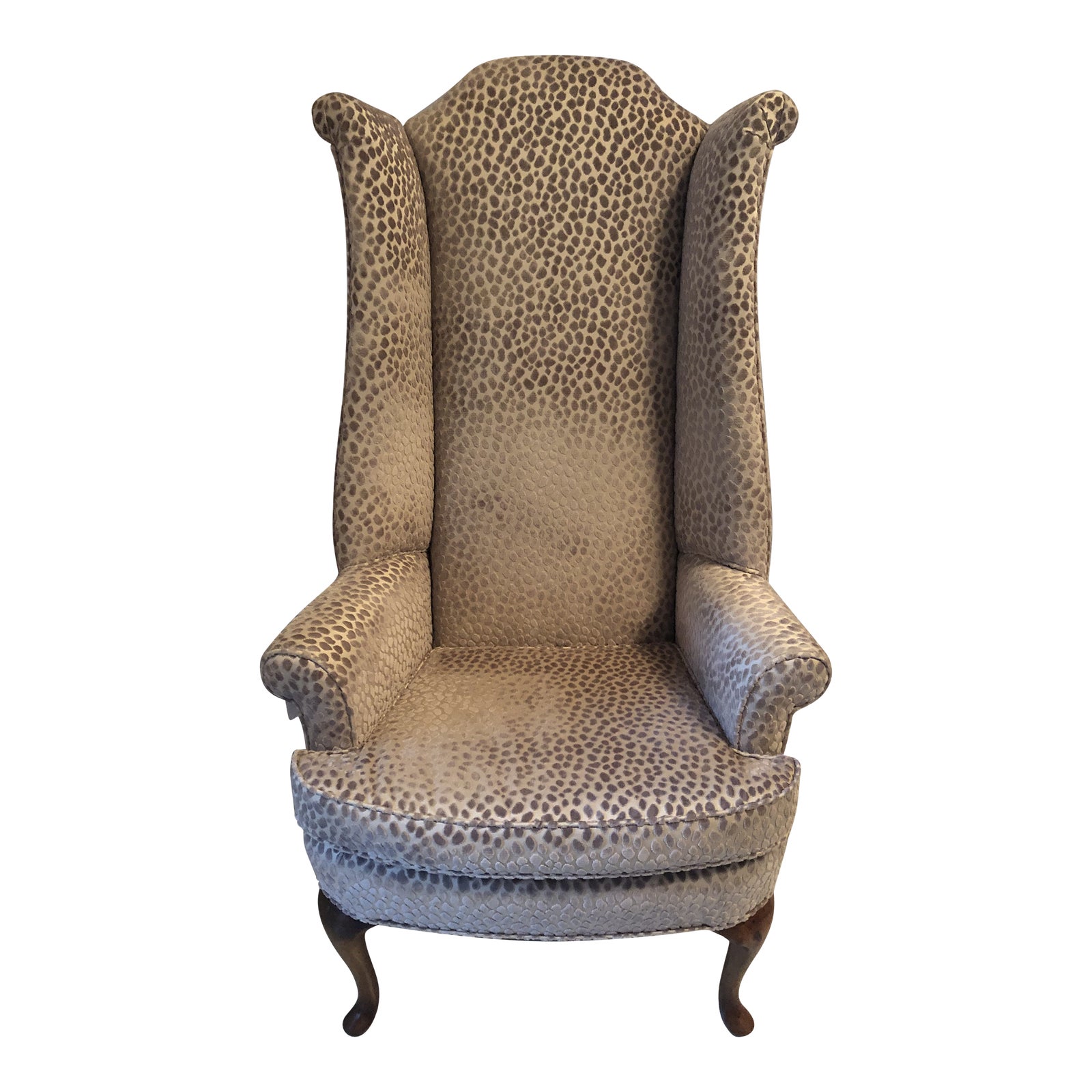 1990s High Back Snow Leopard Velvet Wing Chair | Chairish