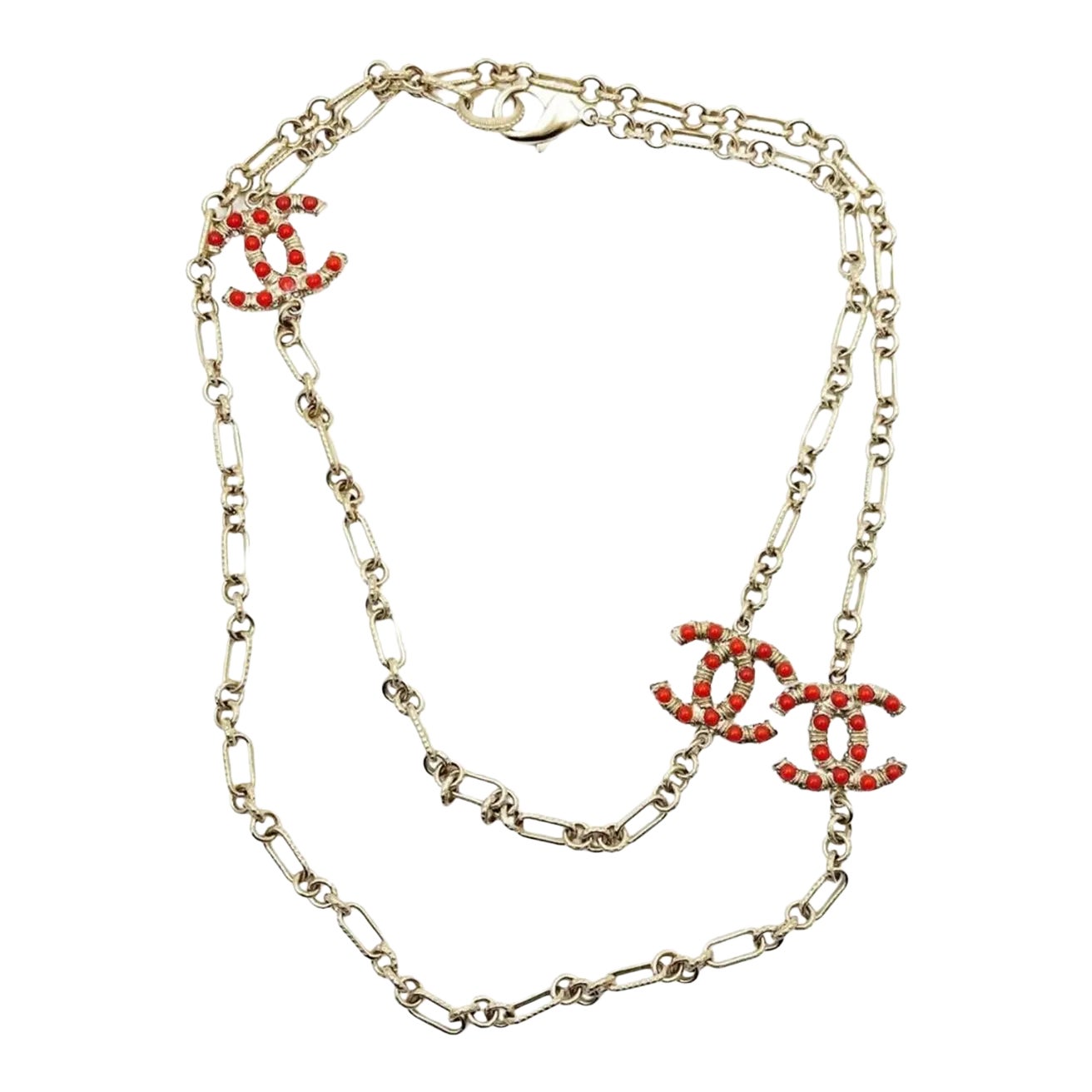 Chanel Gold CC Red Bead Chain Necklace | Chairish