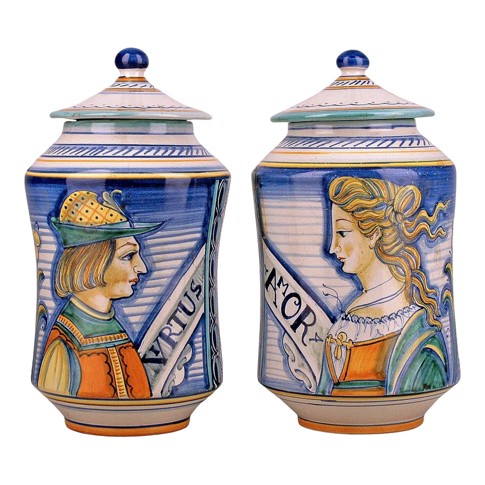 Pair of Mid-20th Century Renaissance Revival Hand-Painted Ceramic Jars ...