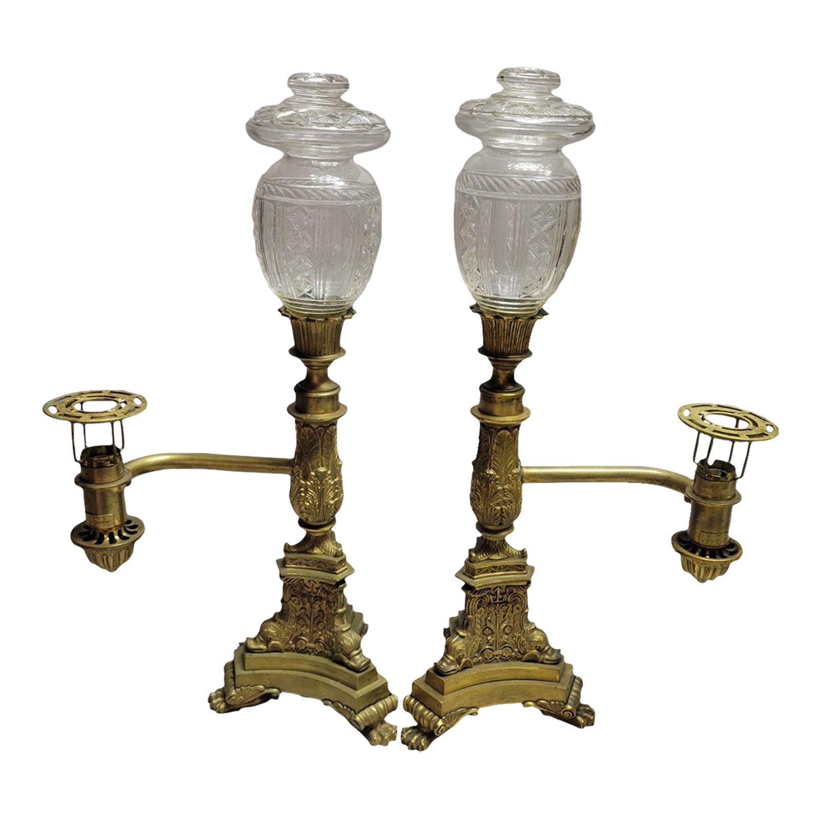 Antique J & I Cox Gilt Bronze and Brass Argand Lamps - a Pair | Chairish