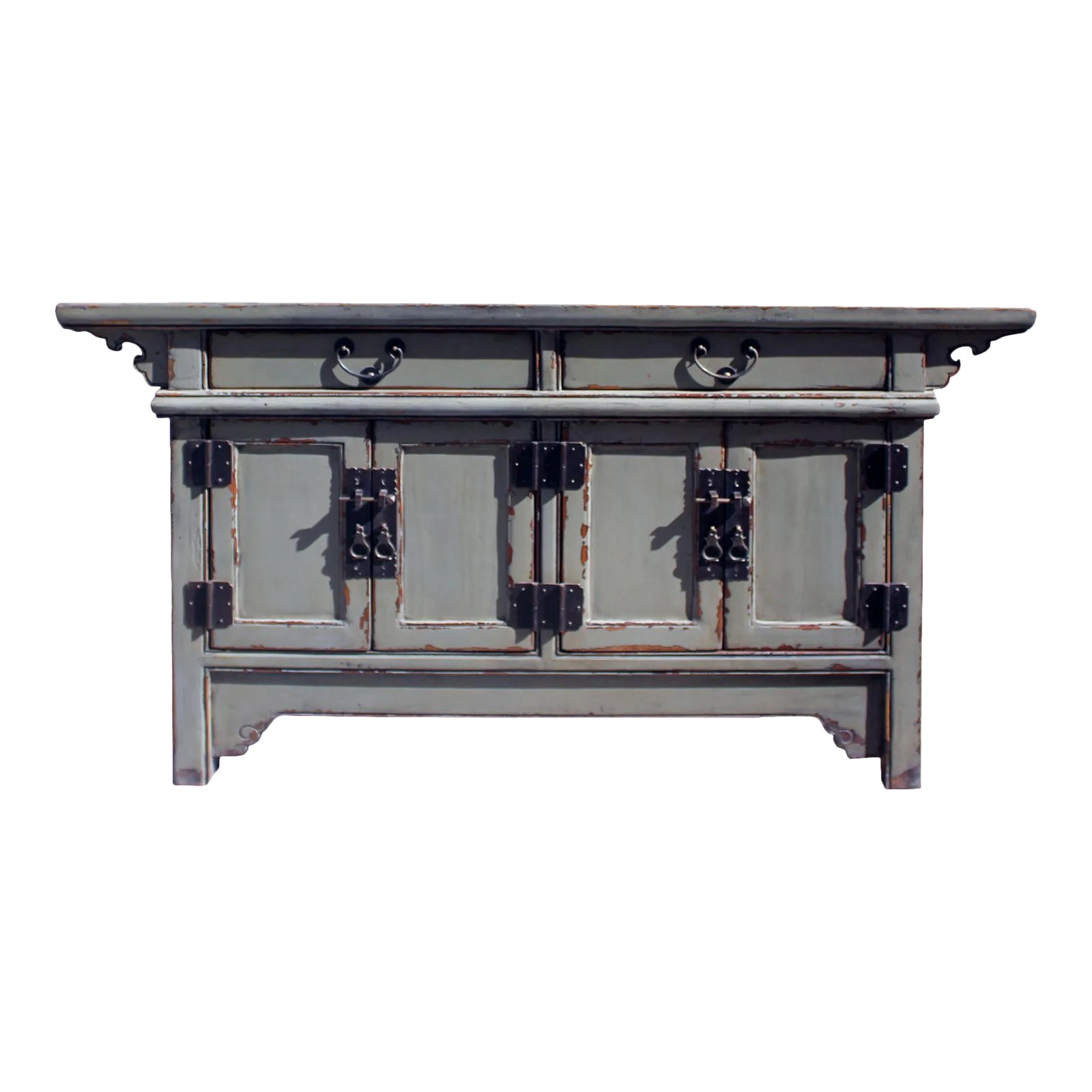Chinese Distressed Gray Lacquer Low Sideboard Console Table Cabinet ...