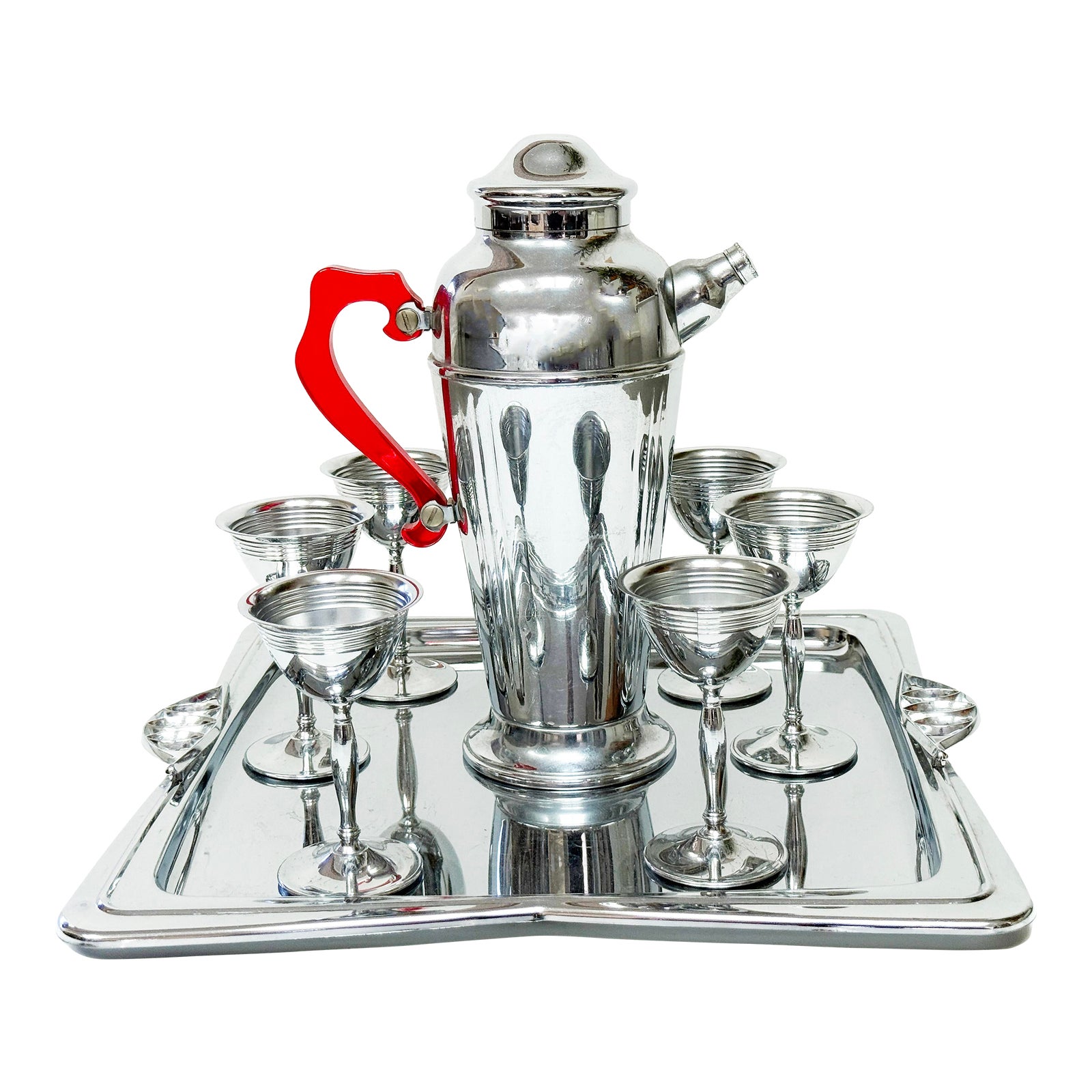 Art Deco Chrome & Red Bakelite Cocktail Set - 8 Pieces | Chairish