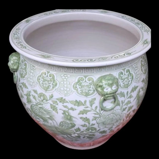 Contemporary Chinese Hand Painted Planter, Green Floral, Fauna, and ...