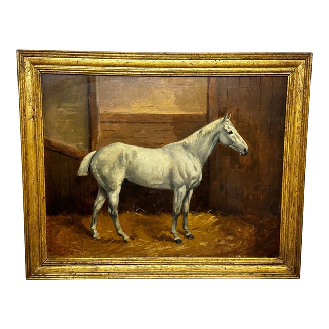 British Oil Painting of a Victorian White Horse in Stable by Godfrey ...
