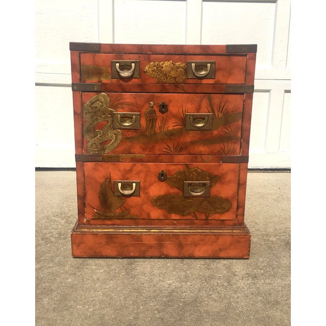 Vintage Asian Chinoiserie Painted Campaign Style Chest | Chairish