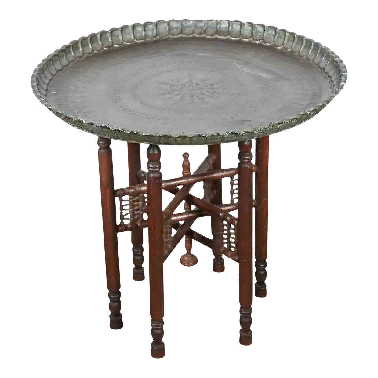 Turkish Tin Copper Tray Table on Wooden Folding Stand | Chairish