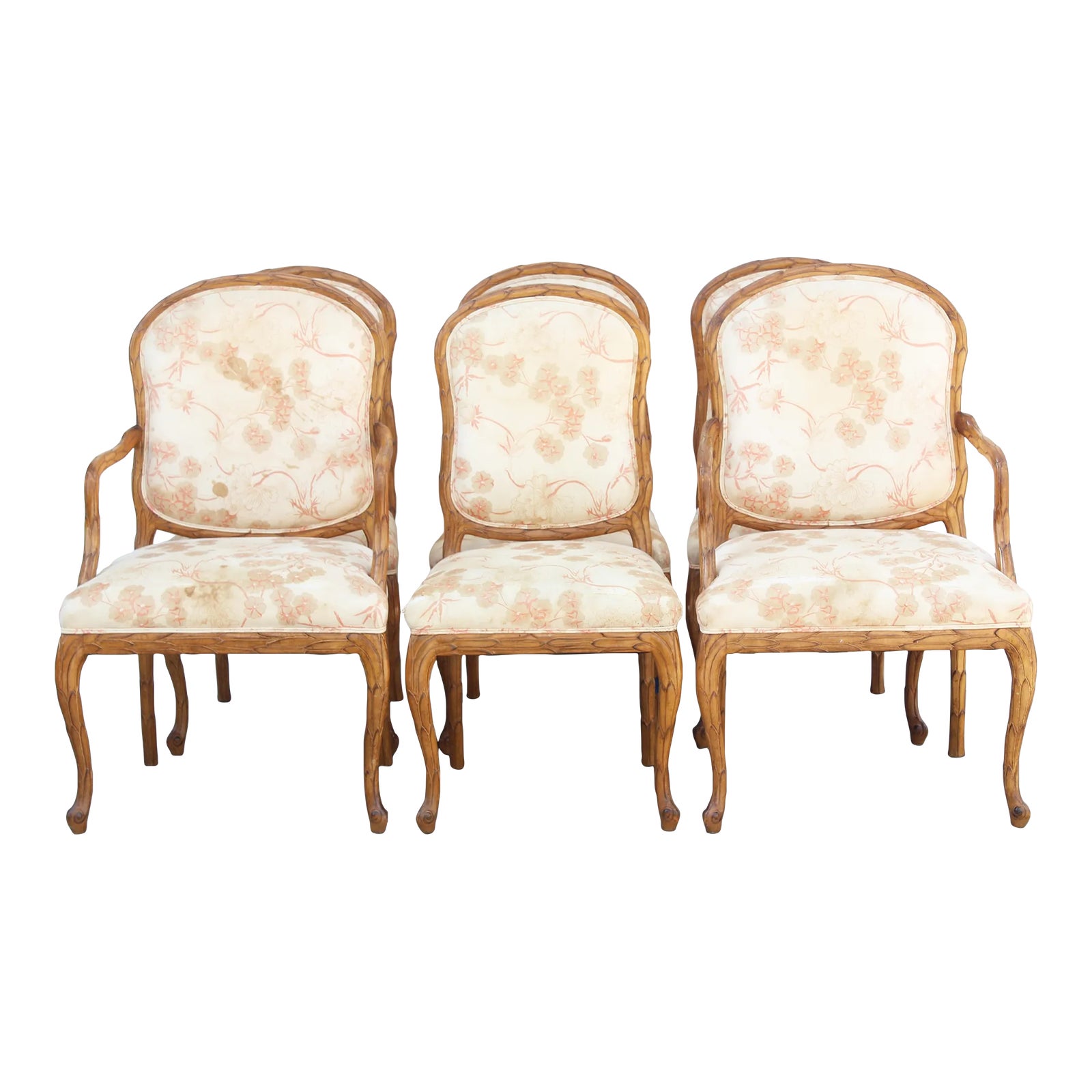 Late 20's Century Set of 6 Dining Chairs With Feather Motif | Chairish