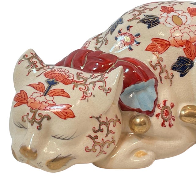 Imari Style Vintage Japanese Sleeping Cat | Chairish
