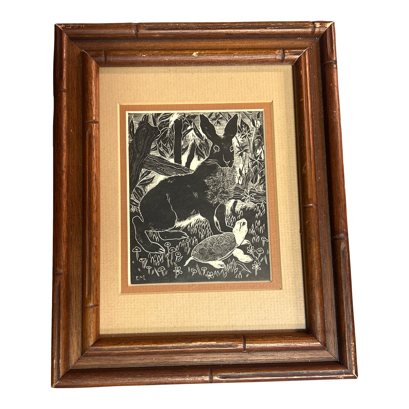 1970’s Original Folk Art Turtle and Rabbit Scratchboard Print | Chairish