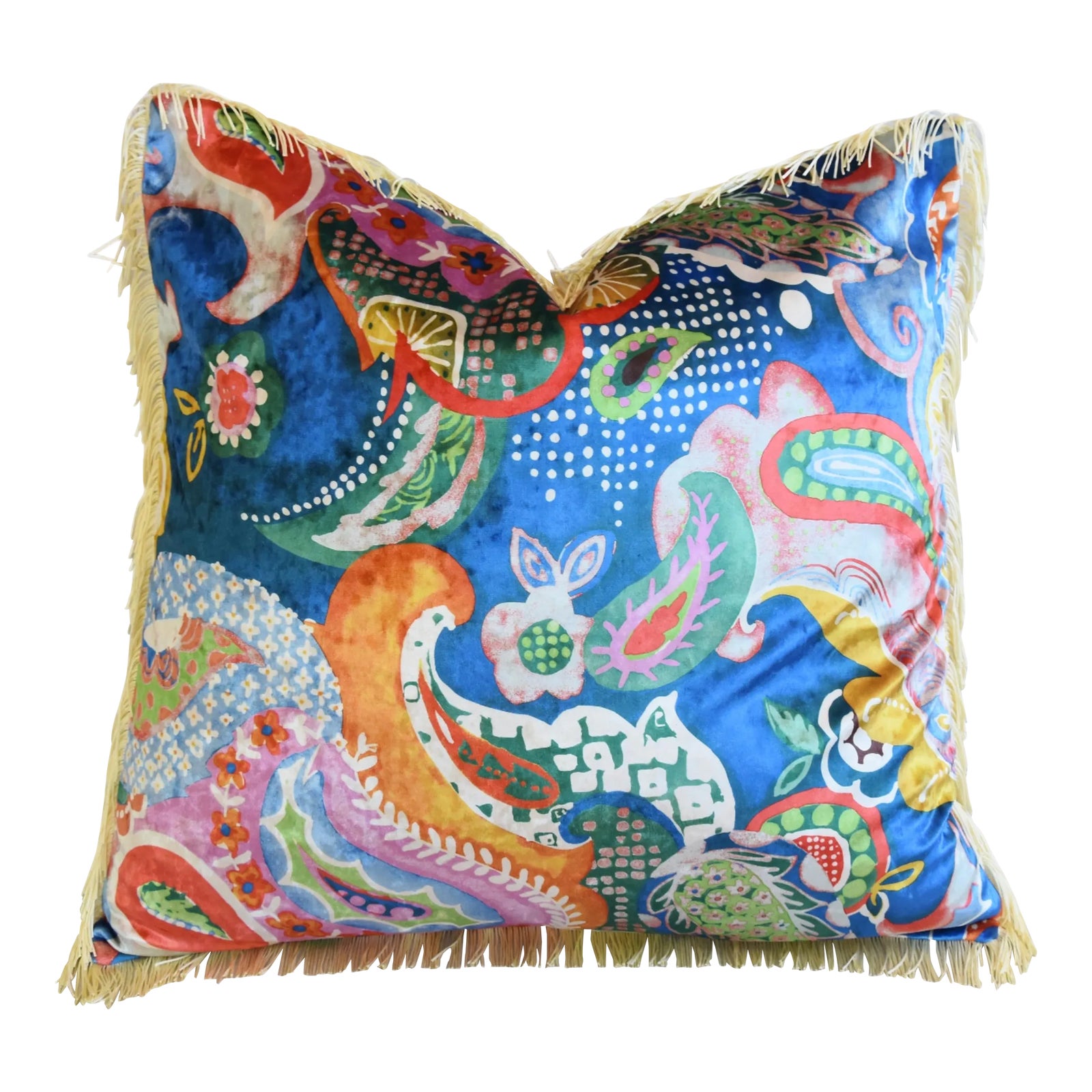 French Floral Paisley Silk Velvet Feather/Down Pillow W/ Cream Fringe ...