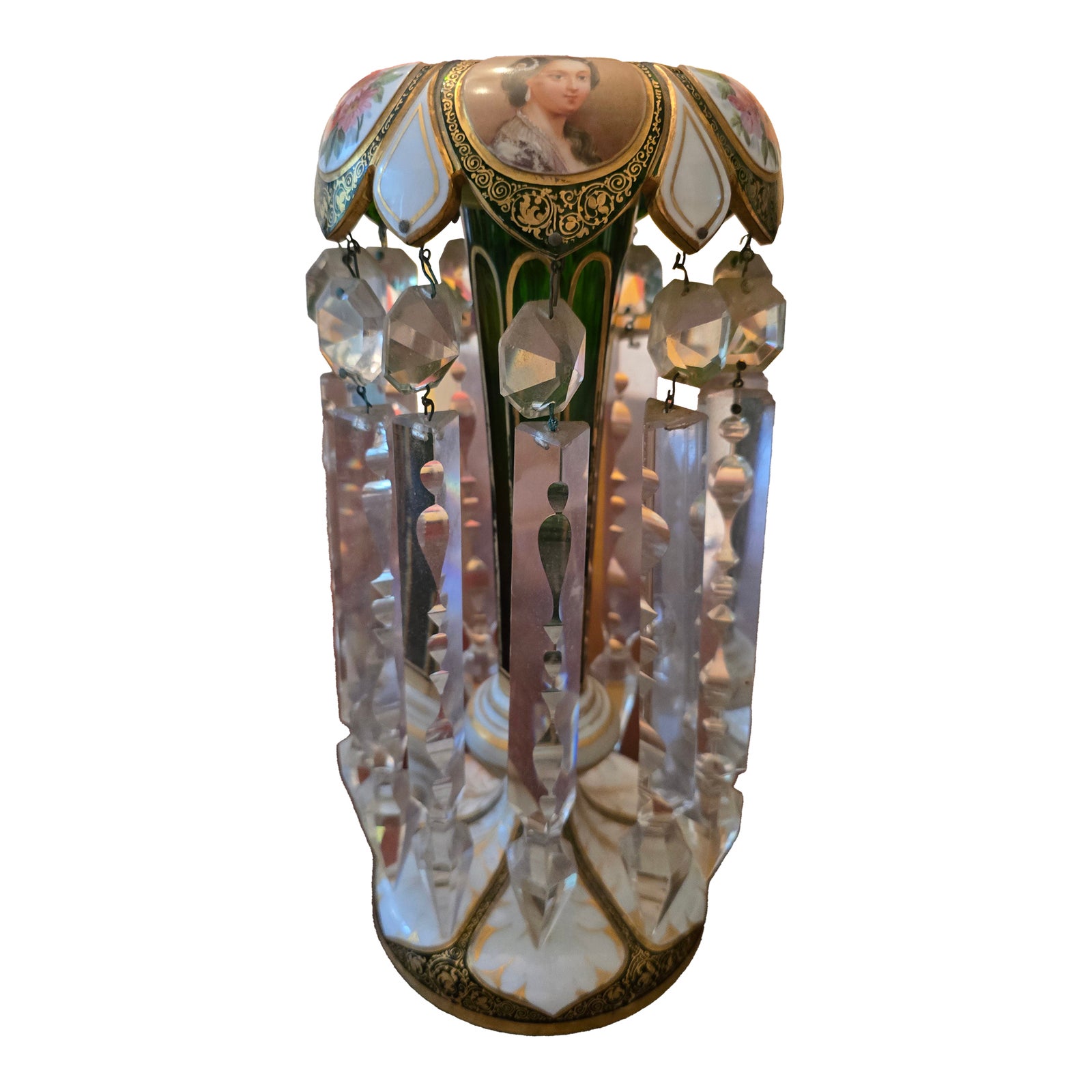 Antique Bohemian Glass Moser Overlay Emerald Crystal Luster | Chairish