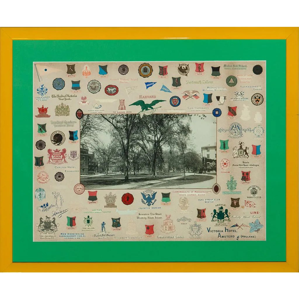 Letterhead Crests Surrounding B&W Photo of Harvard Yard | Chairish