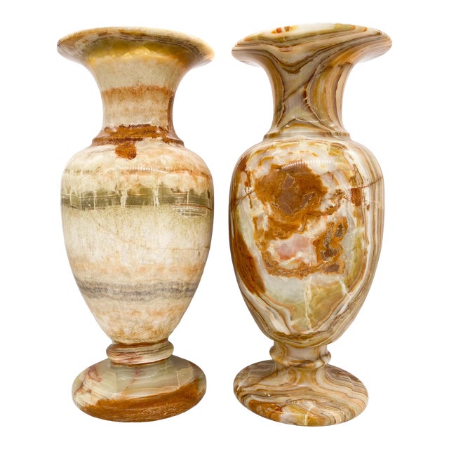 Oversized 20th Century Red and Cream Striated Onyx/ Marble Urn Vases - a Pair | Chairish