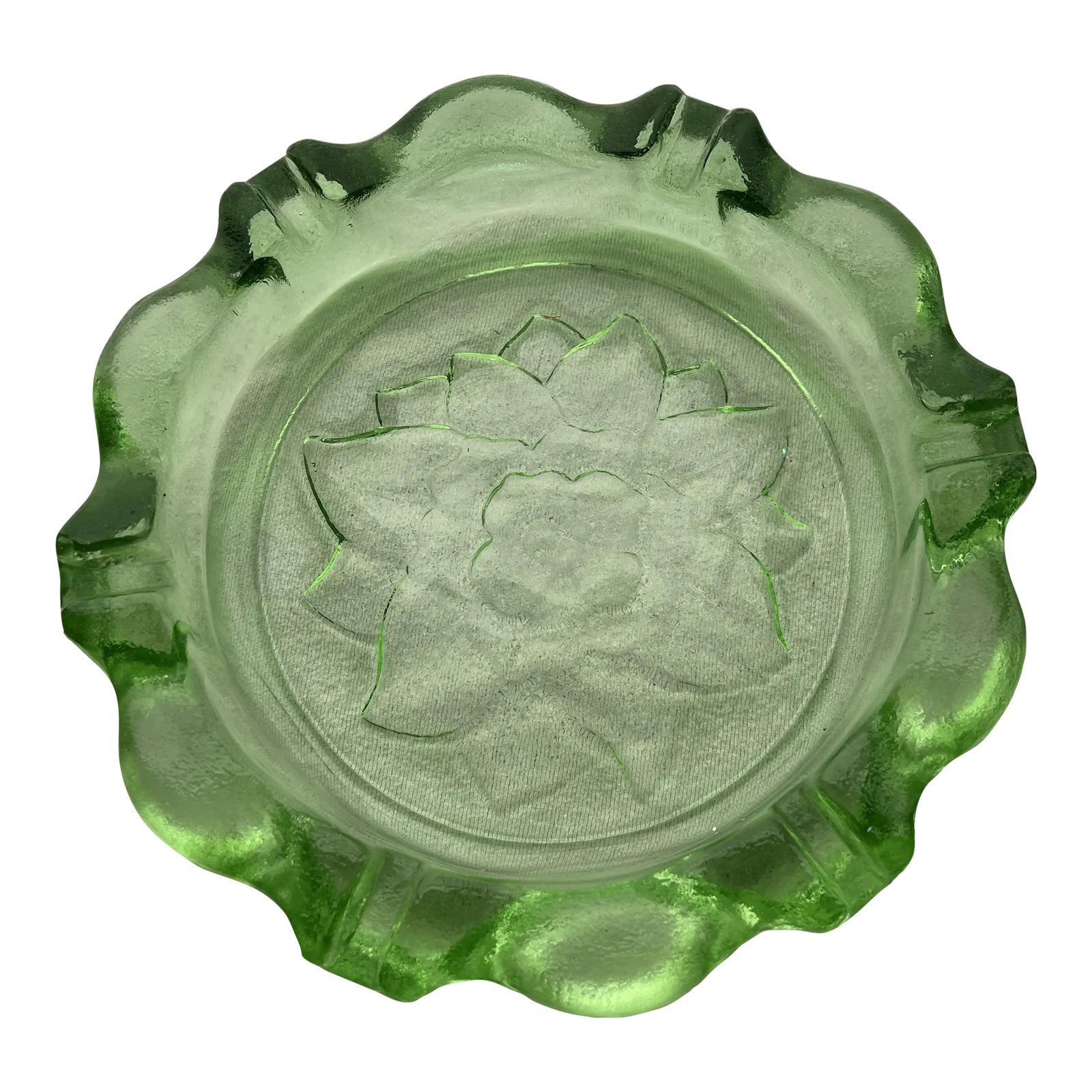 Vintage Indiana Green Glass Lotus Flower Embossed Ashtray | Chairish