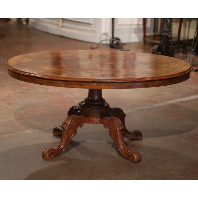 19th Century English Carved Inlaid Burl and Walnut Oval Pedestal Coffee ...