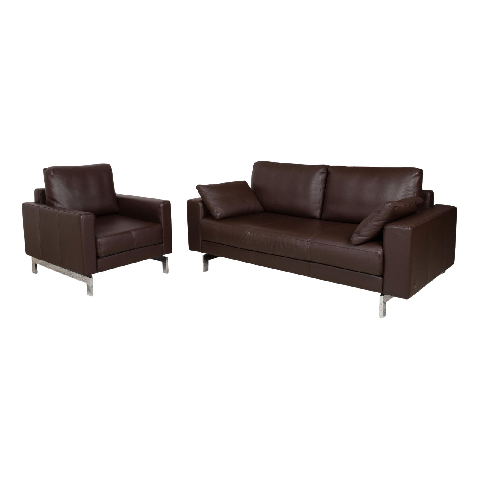 Vida Leather Brown Two-Seater Sofa and Armchair in Chrome by Rolf Benz ...