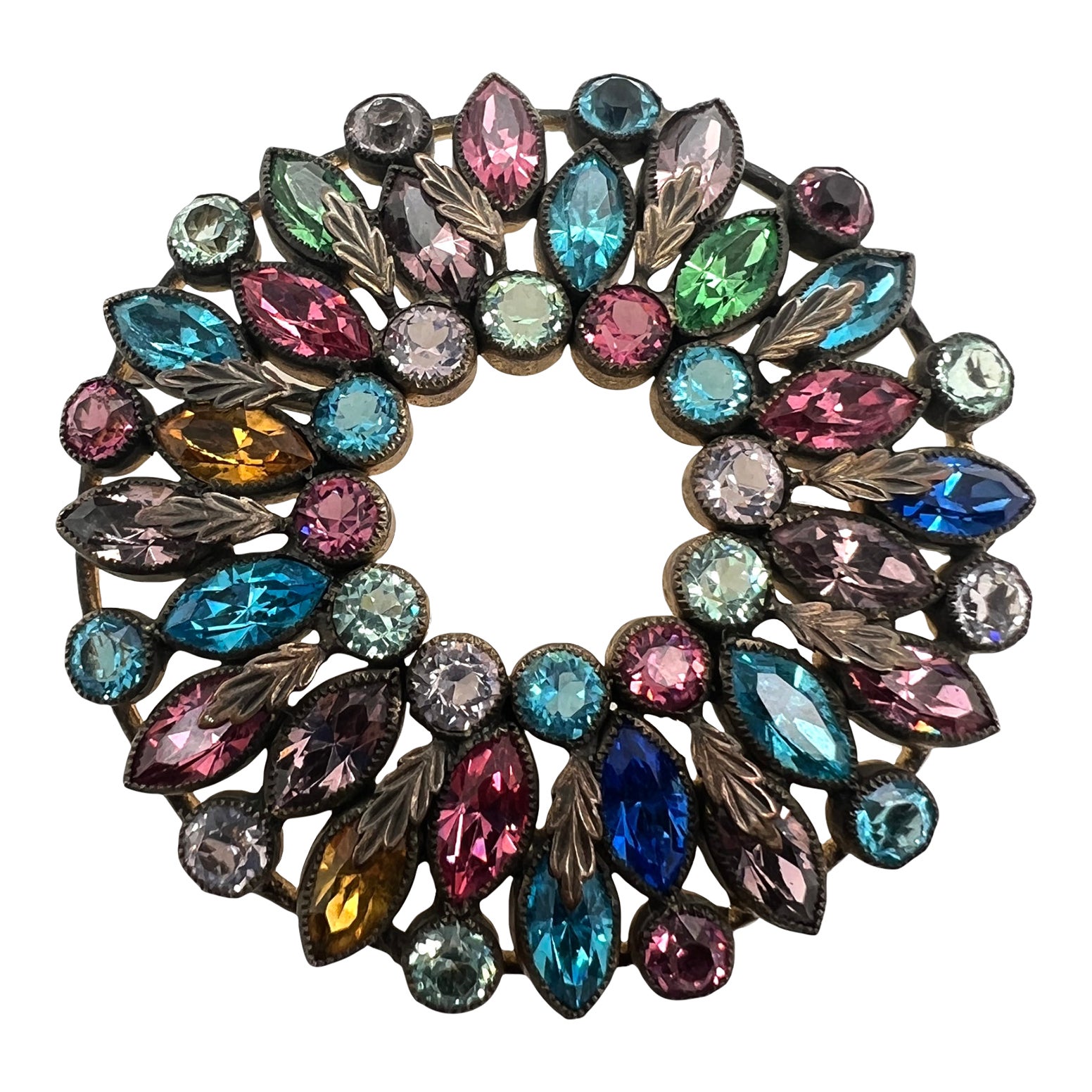 Vintage Costume Wreath Faux Gemstone Brooch / Pin | Chairish