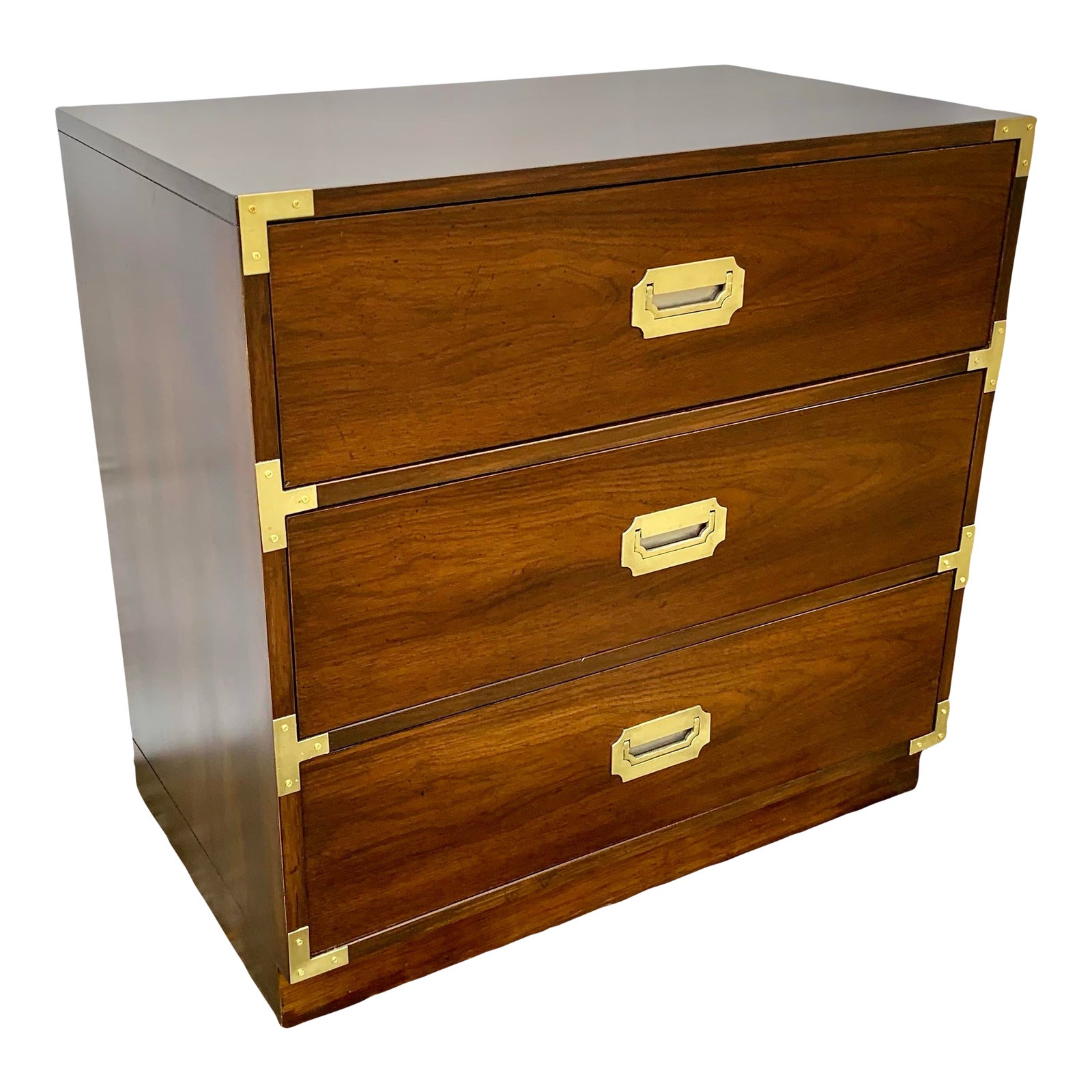 Mid 20th Century Walnut Campaign Style Chest of Drawers | Chairish