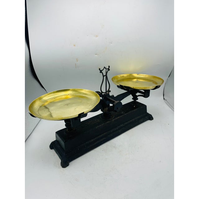 Antique French Iron Balance Scale With Brass Trays | Chairish
