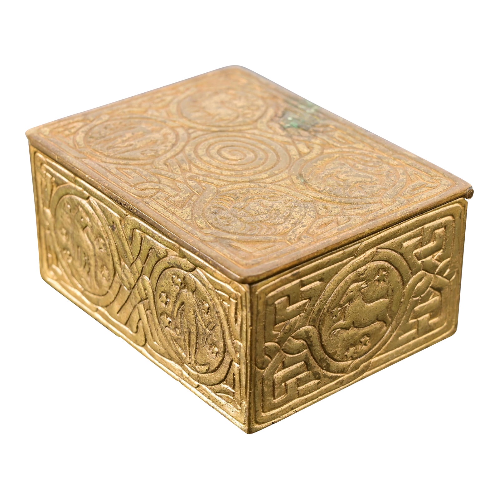 Tiffany Studios New York Zodiac Pattern Bronze Doré Box | Chairish