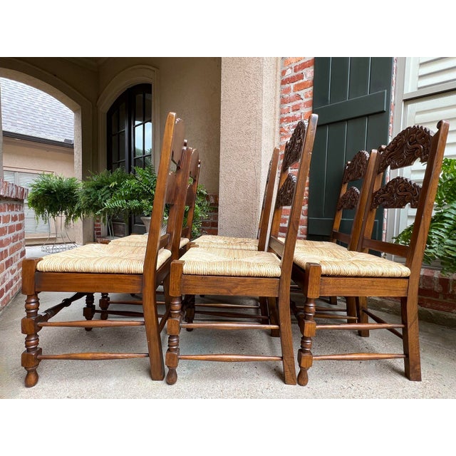 Set 6 Vintage English Dining Side Chairs Carved Oak Rush Seat Yorkshire ...