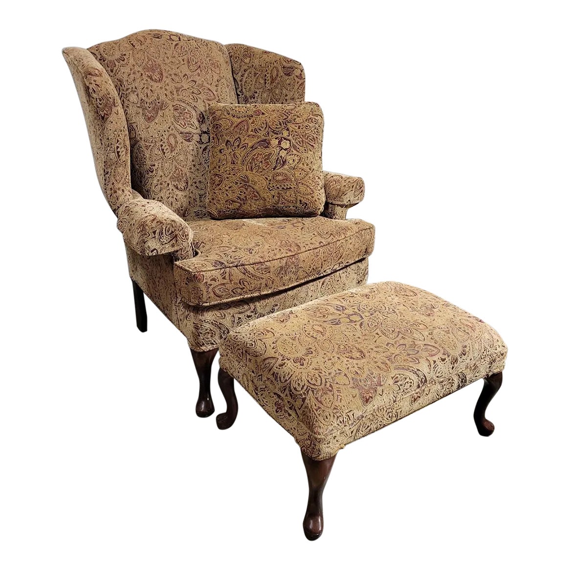 Vintage American Upholstered Queen Anne Wingback Chair Footstool and Pillow