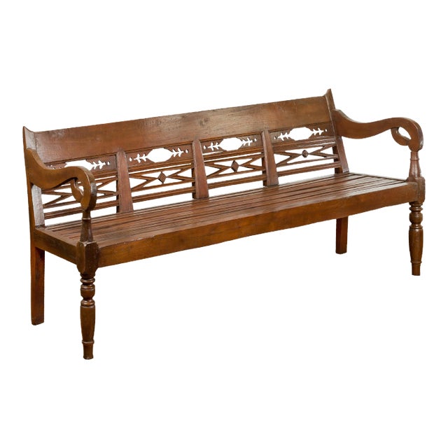 Dutch Colonial Bench with Carved Back, Scrolling Arms and Turned ...