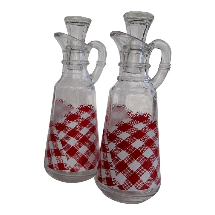 Vintage Anchor Hocking Red & White Gingham Check Glass Cruets- Set of 2 ...