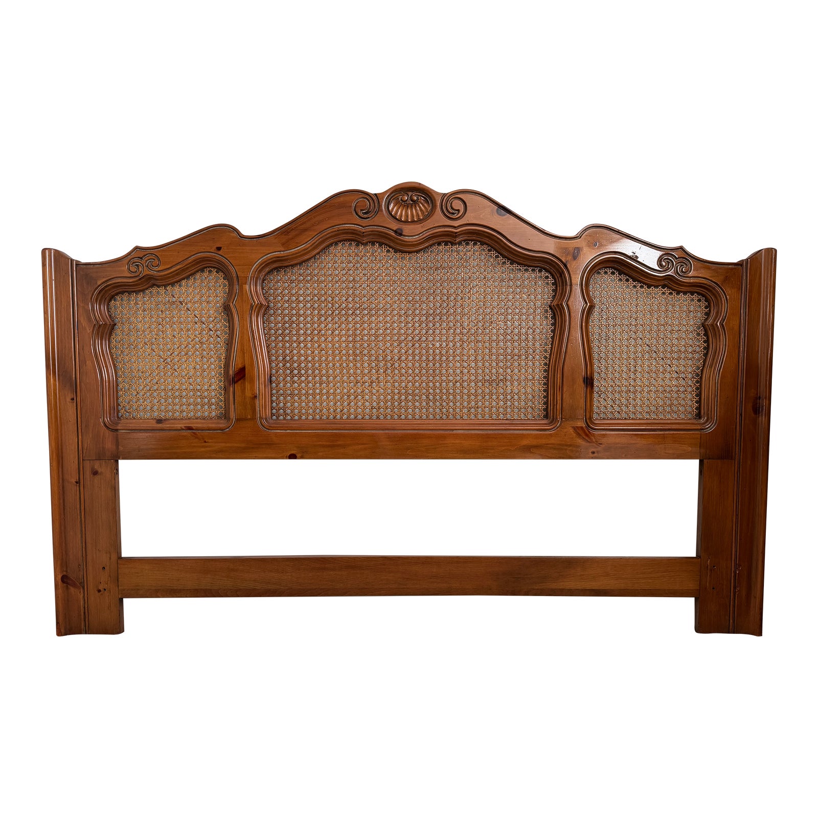 1980s Ethan Allen Chateau Normandy King Cane & Pine Bed Pediment ...