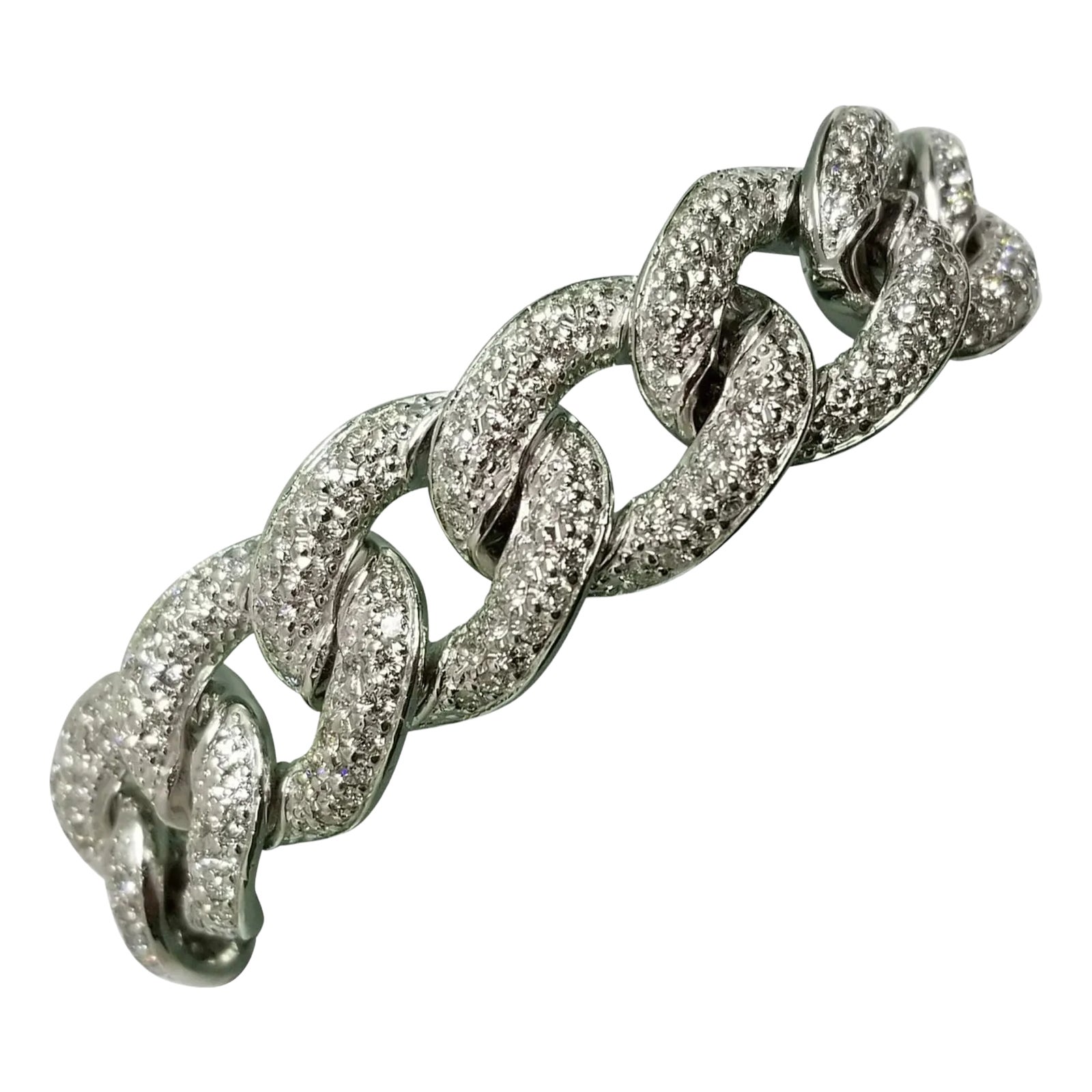 14 Karat White Gold Men's Large Diamond Pave Link Bracelet | Chairish
