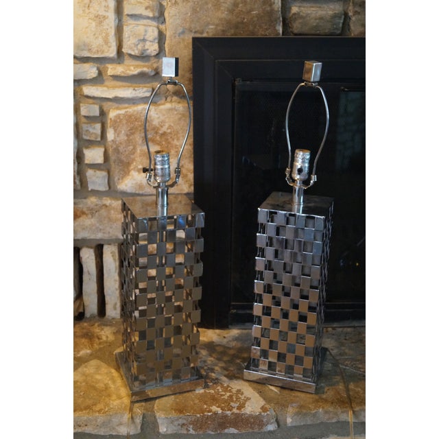 1980s Modernist Chrome Checkerboard Table Lamp Pair | Chairish