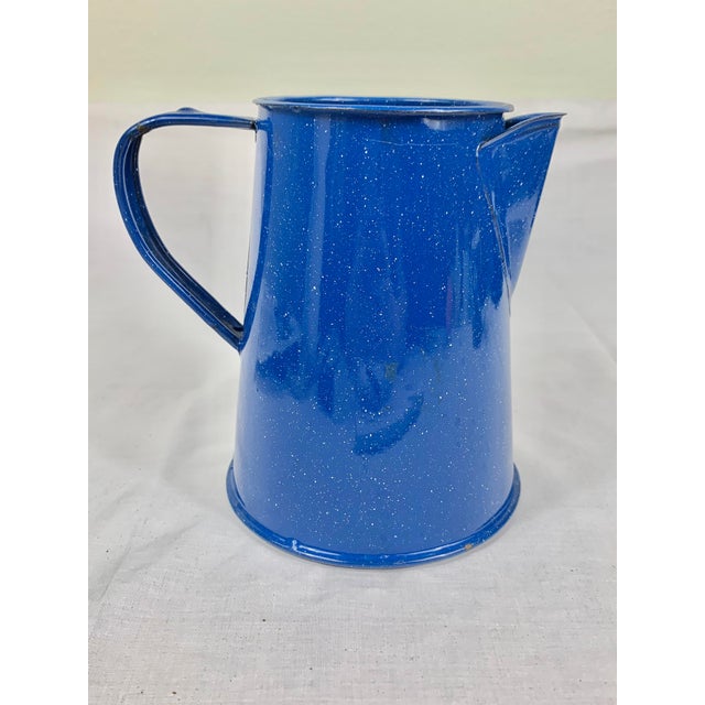 Vintage Blue & White Enameled Pitcher | Chairish